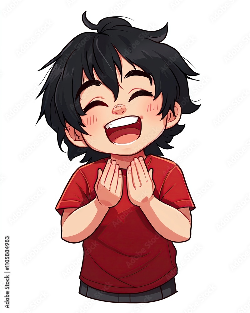 make a chibi design of a guy with black hair wearing red shirt in ...
