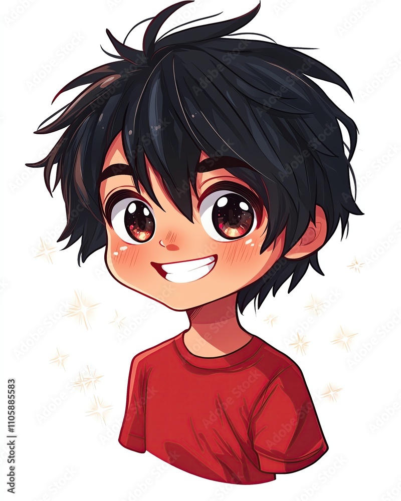 make a chibi design of a guy with black hair wearing red shirt in ...