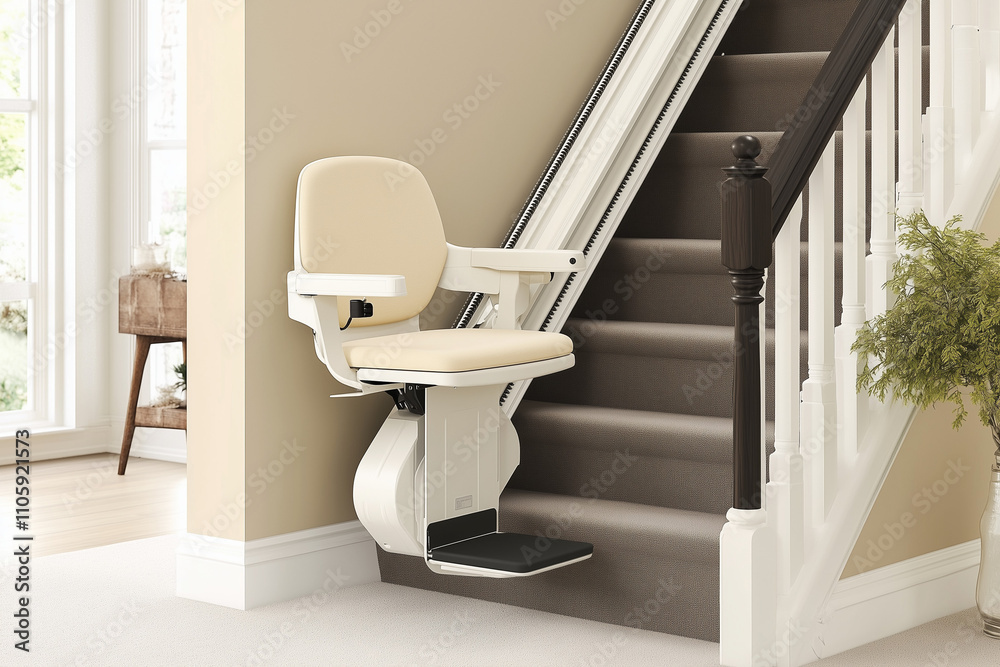 A stair lift installed on a residential staircase in a modern and ...