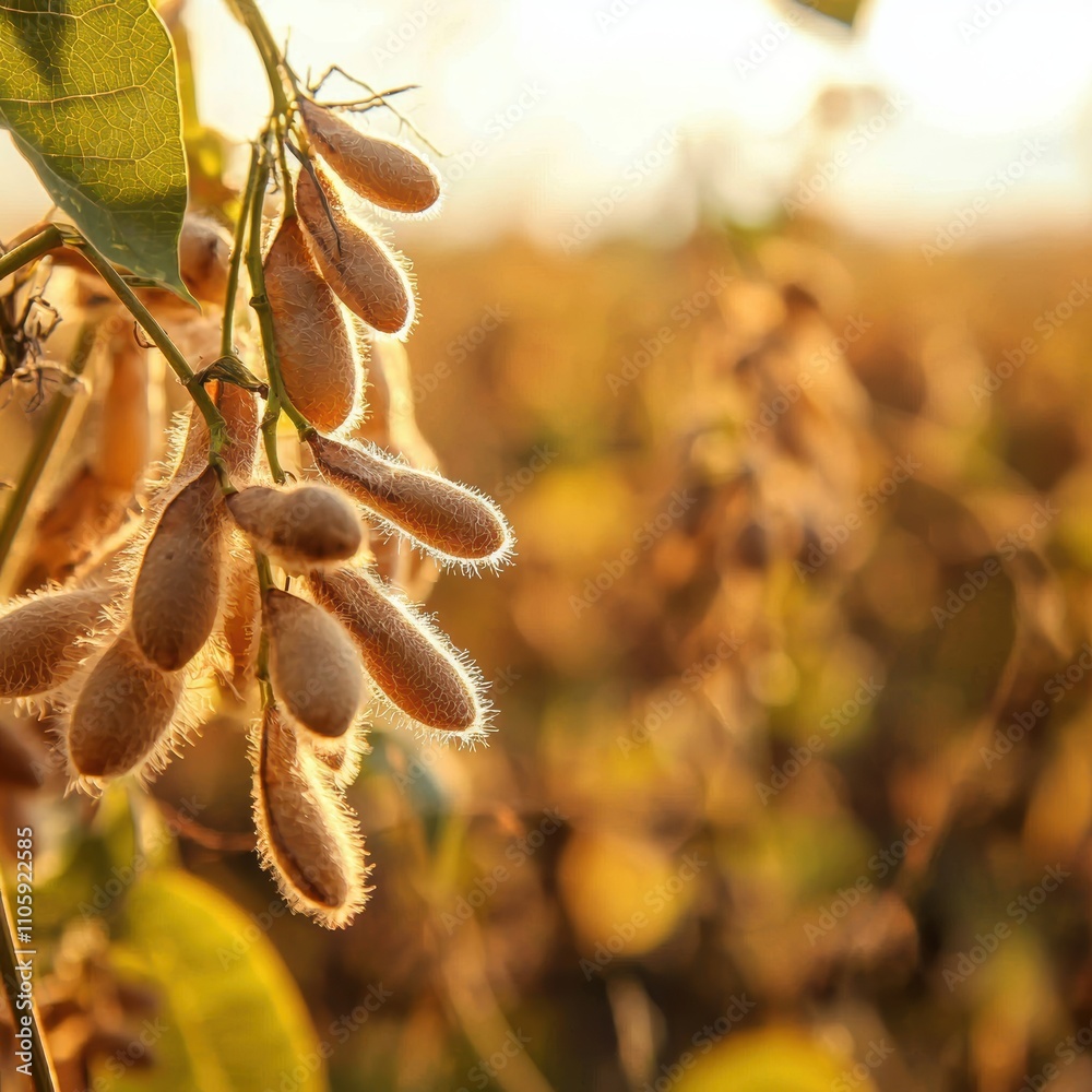 "Soy." The photo shows yellowish-brown soy beans hanging from the ...