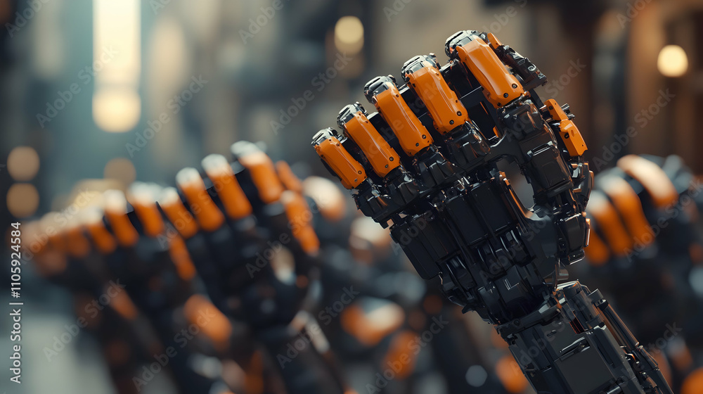 Cyberpunk Robotic Hands Rise Up, Futuristic Mechanical Arms in Urban ...