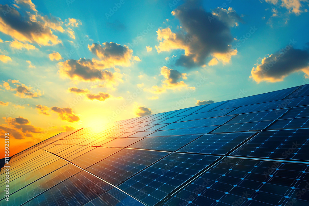 Blue sky backdrop with a solar panel in focus, ideal for a modern ...