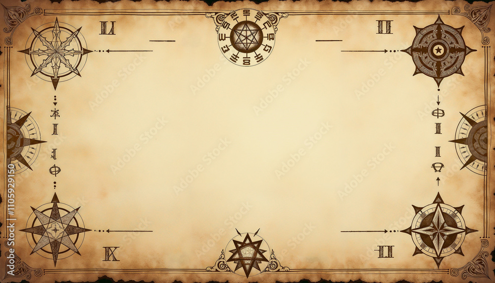 Vintage compass-themed parchment with decorative borders. Old notebook ...