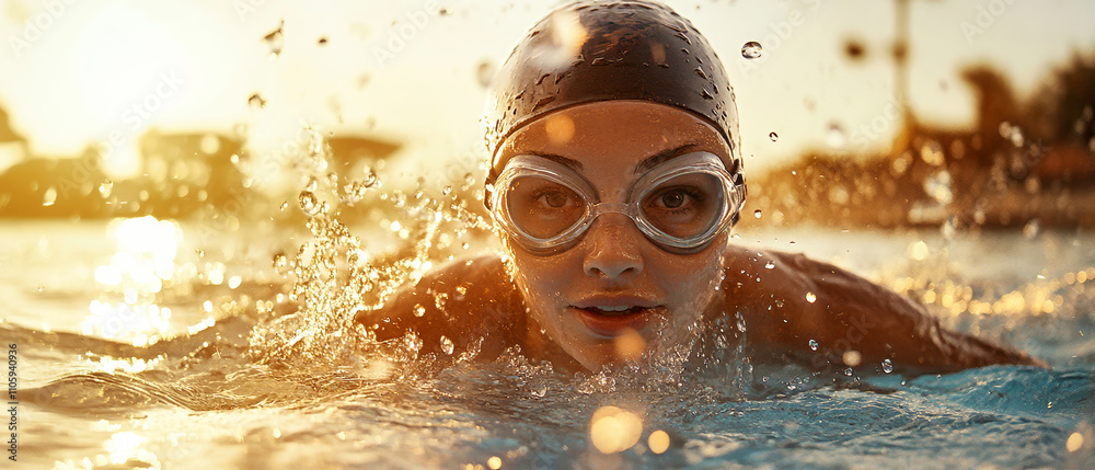 Professional swimmer performing at sunset, creating splashes in a ...