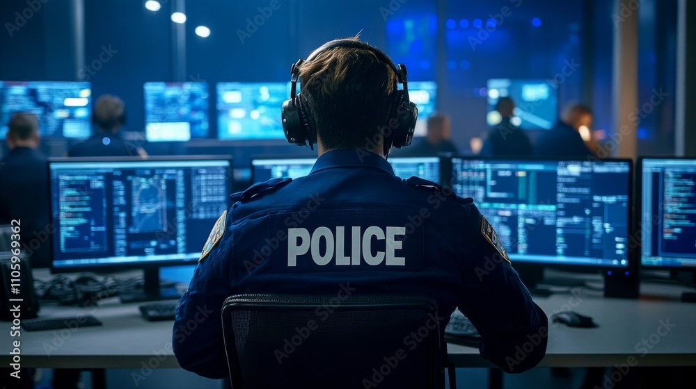 Police Officer Monitoring Security Screens Focused in control room with ...
