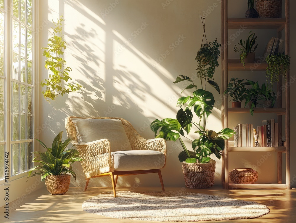 Cozy reading corner in a sunlit room with indoor plants, natural ...