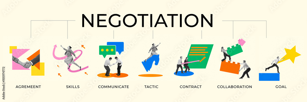 Set of conceptual illustrations depicting stages of negotiation ...