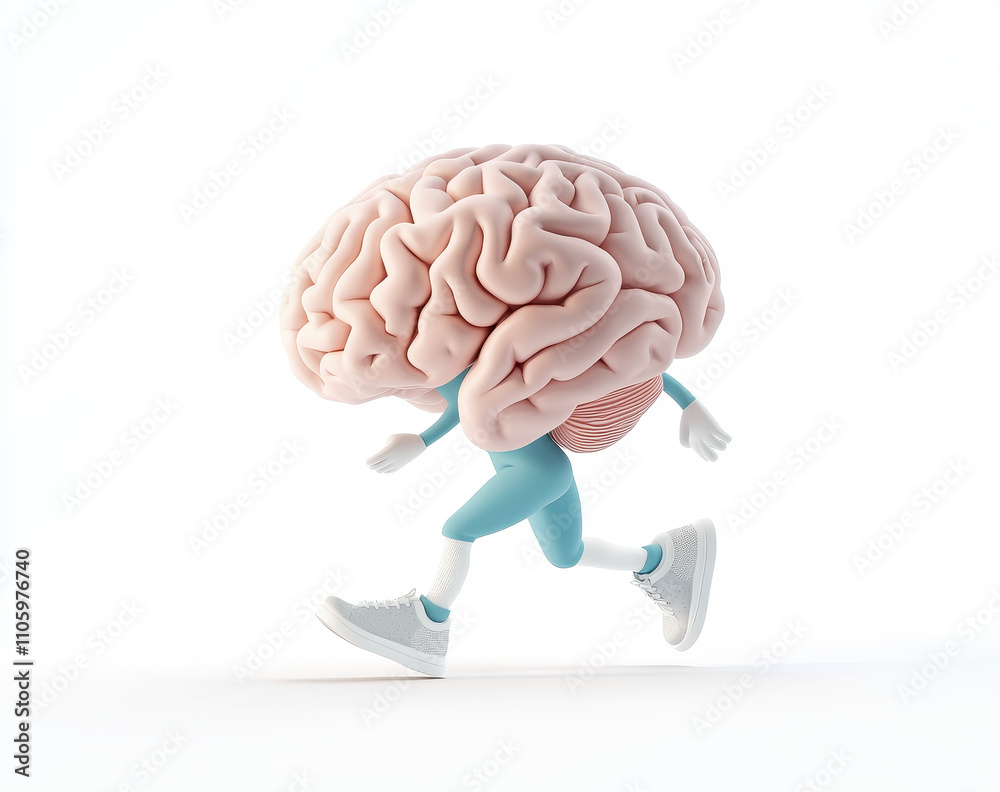 Whimsical illustration of a human brain running joyfully on white ...