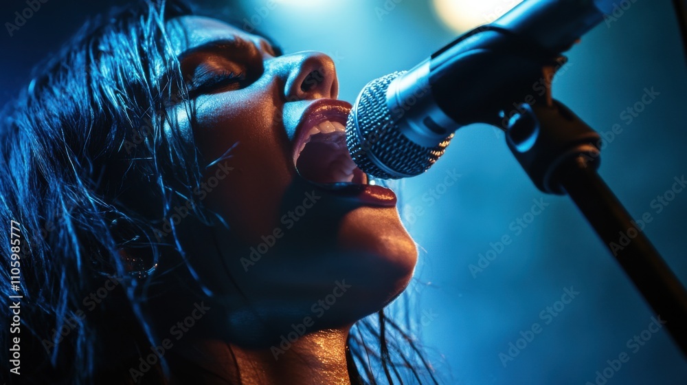 Passionate Female Singer, Live Performance, Microphone, Blue Lighting ...