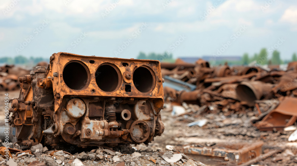 Corroded engine block rests amidst a pile of scrap metal, highlighting ...