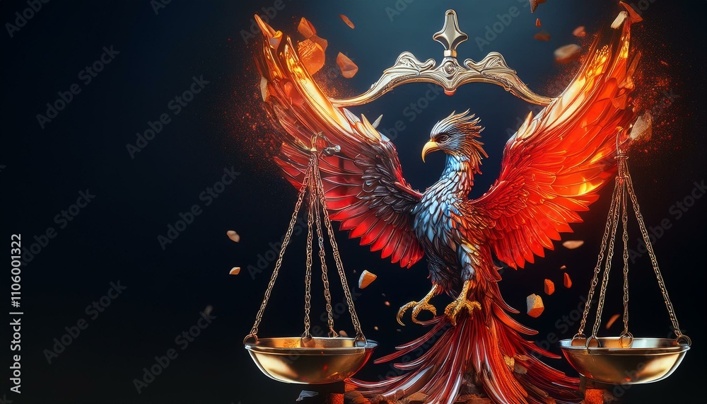 art of A phoenix rising from shattered scales of justice, governance ...