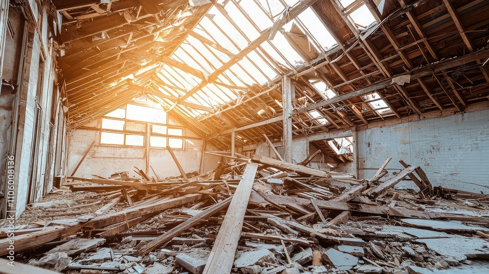 Sunlit Interior of an Abandoned Warehouse Featuring Fallen Beams and ...