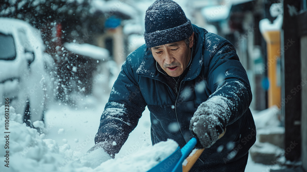 Asian man shoveling snow, clearing driveway after heavy snowstorm ...