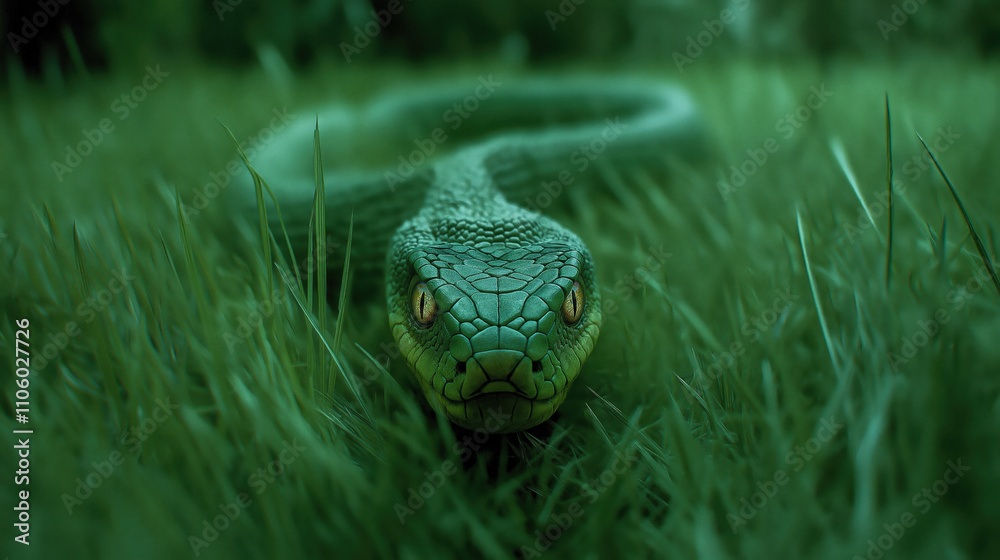 Discover the beauty of a striking green snake hidden in vibrant grass ...
