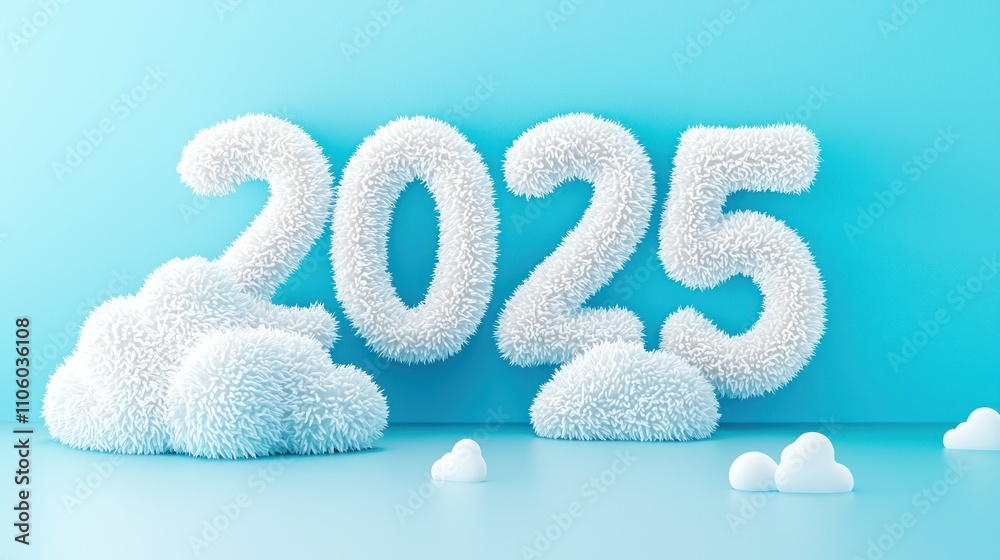 Written text "2025" in an airy cloud-like font with soft white puff ...