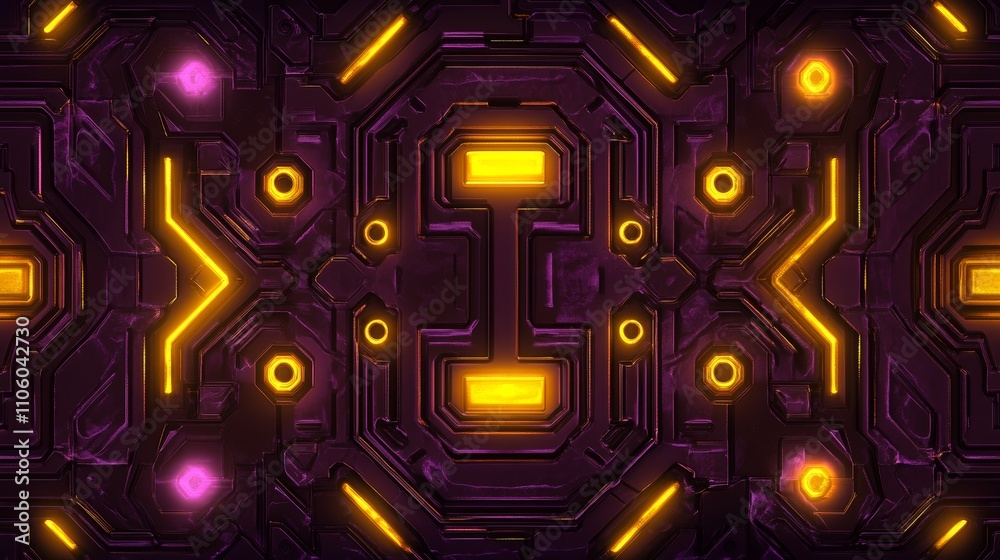 Electric yellow and purple glowing circuit board patterns, dark metallic texture with ...