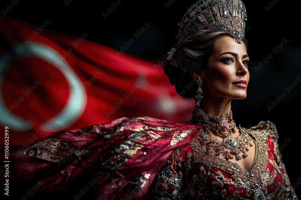 A stunning woman adorned in vibrant traditional Turkish attire ...