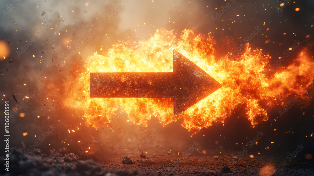 Flaming arrow pointing right amidst fire and sparks, representing ...