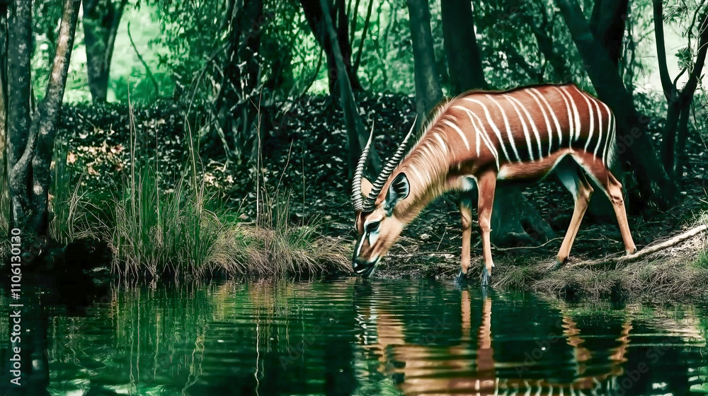A striking bongo antelope gracefully drinks from a serene water body ...