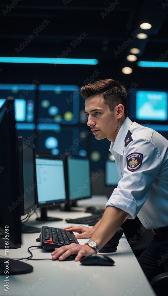 Security guard monitoring CCTV footage for safety and vigilance in a ...