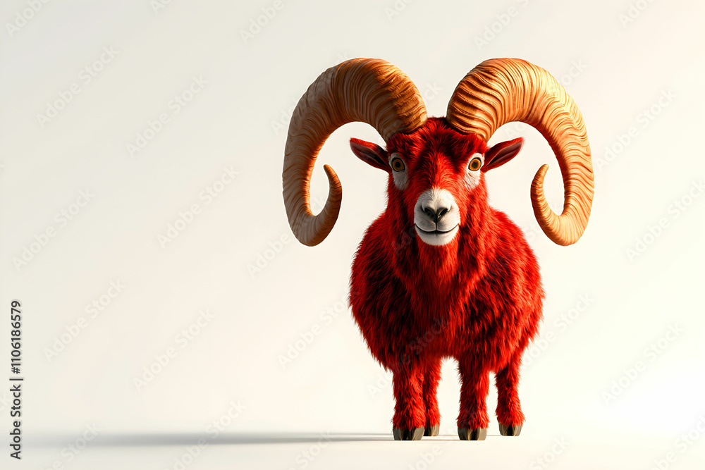 Vibrant Red Ram with Large Curved Horns Standing Proudly Against a ...