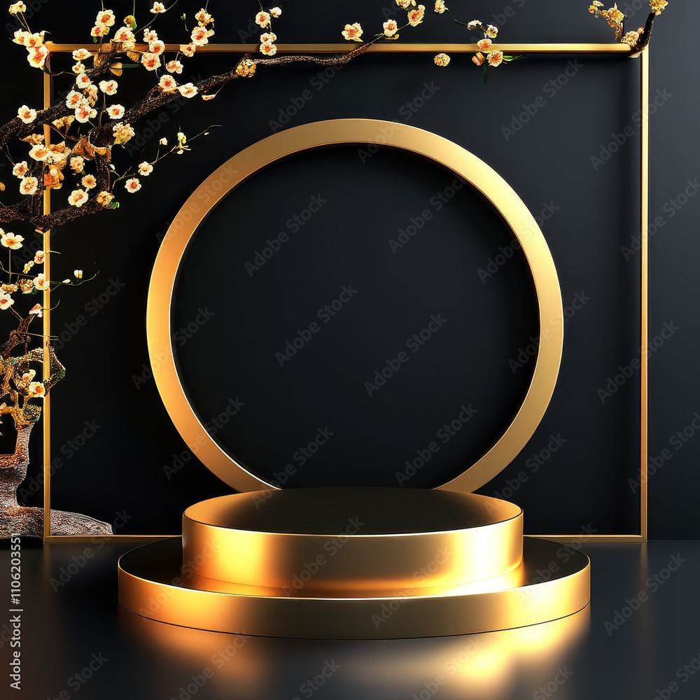 Golden Chinese product display podium mock up, black background, lunar ...