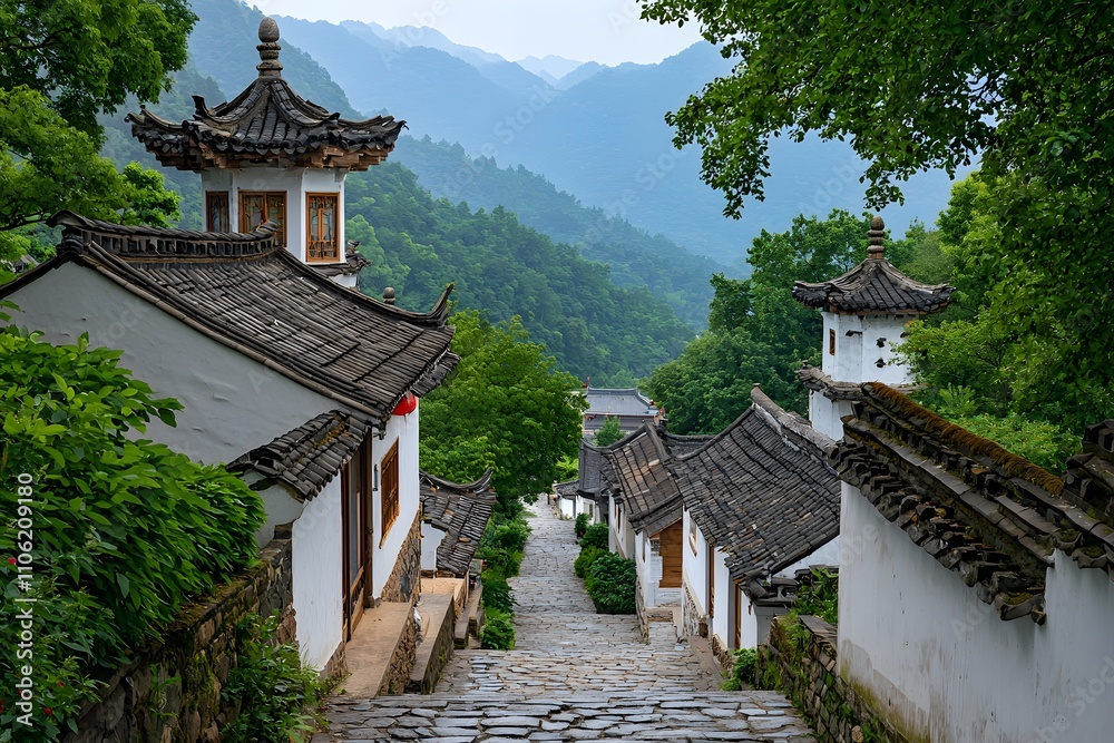 Old Chinese architecture featuring white walls and grey tiled roofs ...