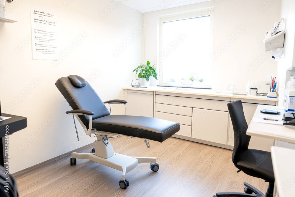 Modern medical examination room with a reclining chair, desk, and ...
