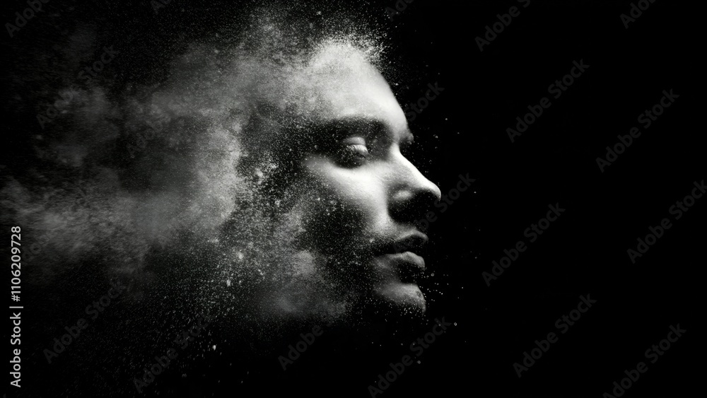 A surreal image of a human face dissolving into particles, blending ...