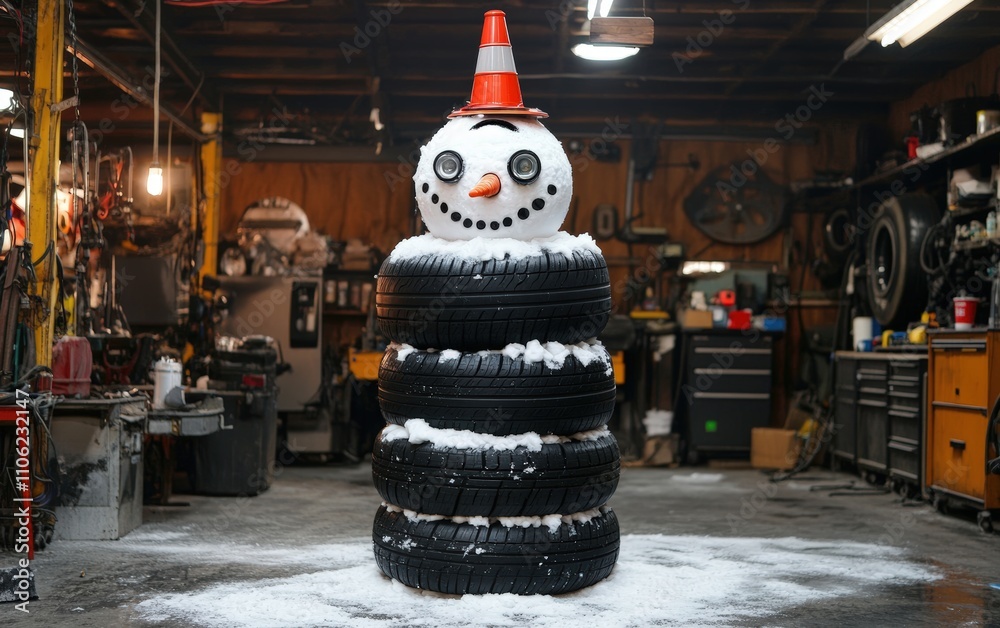 Snowman Made of Tires A snowman built from stacked rubber tires, with ...