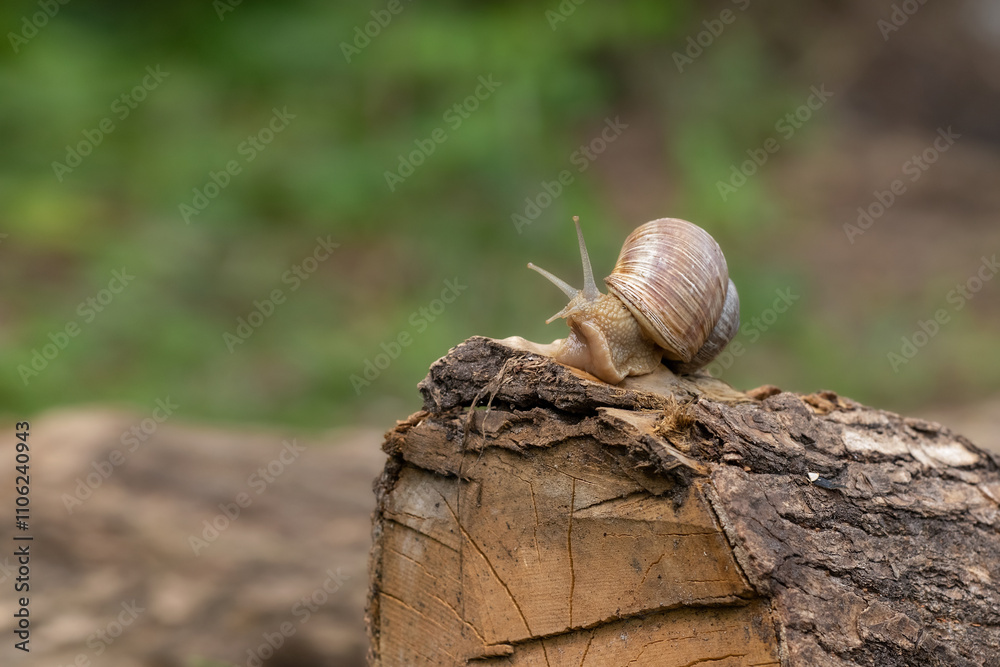 Grape snail crawls on a stump in the garden . Helix pomatia, edible ...