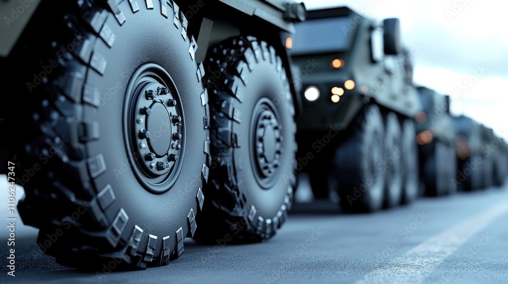 Detailed view of armored vehicles showcasing robust wheels and armor ...