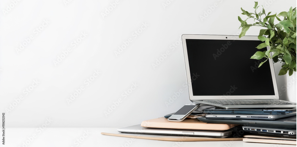 Pile of old used laptop computers, digital tablets, smartphones ...