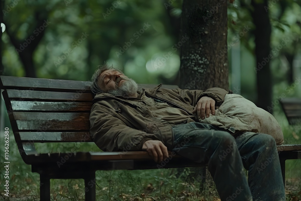 Homeless man lying on a park bench, wrapped in a blanket, surrounded by ...