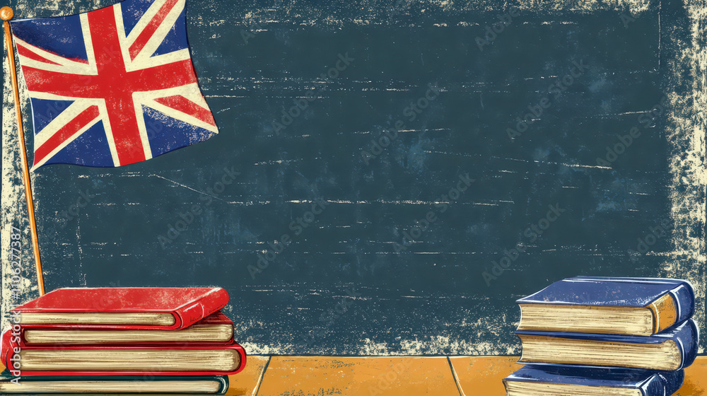 English language day celebration background with books and flag concept ...