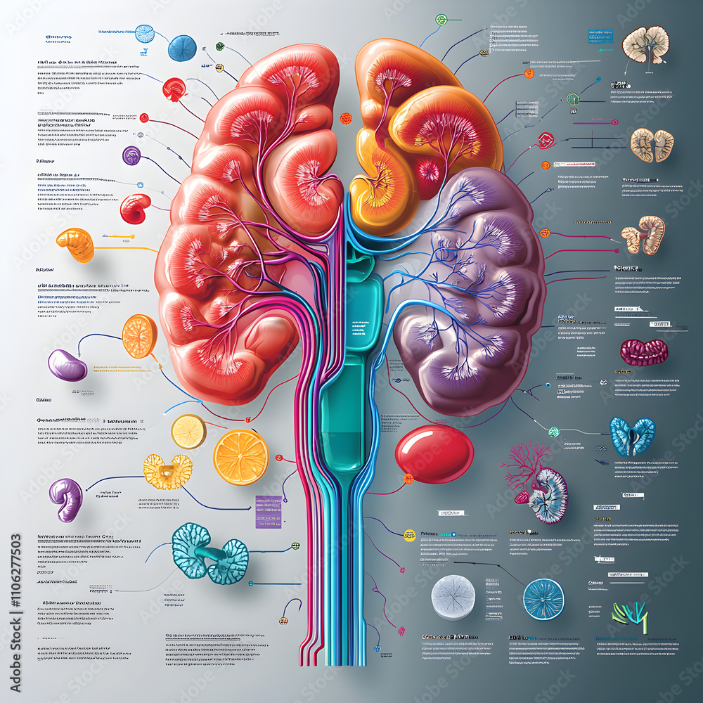 Human Kidney Anatomy Infographic Detailed D Model Nephrons Renal System ...