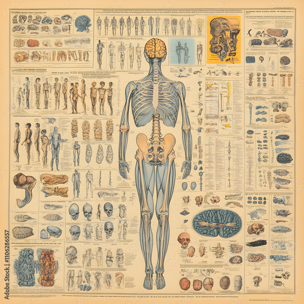 Vintage Anatomy Chart Human Body Skeleton Muscles Organs Detailed ...