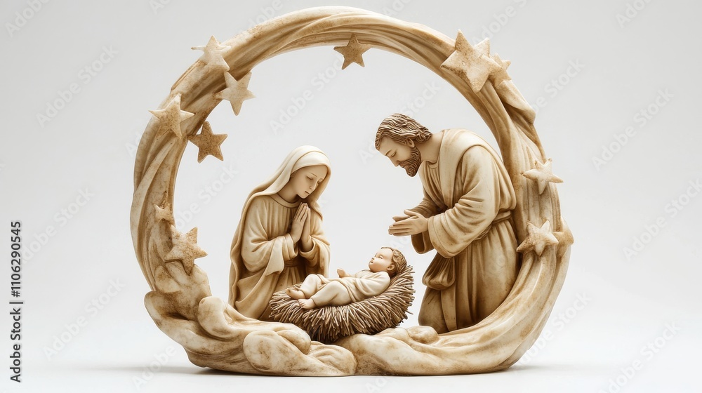 Intricate carving showcases the nativity scene with Mary, Joseph, and ...