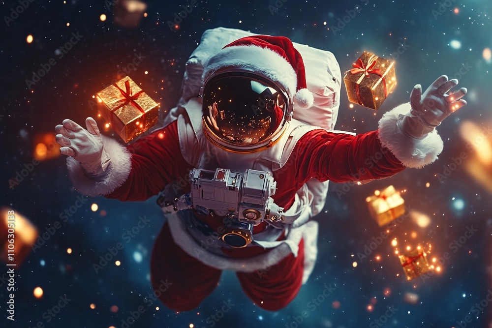 Santa Claus in an astronaut suit, floating in zero gravity while ...