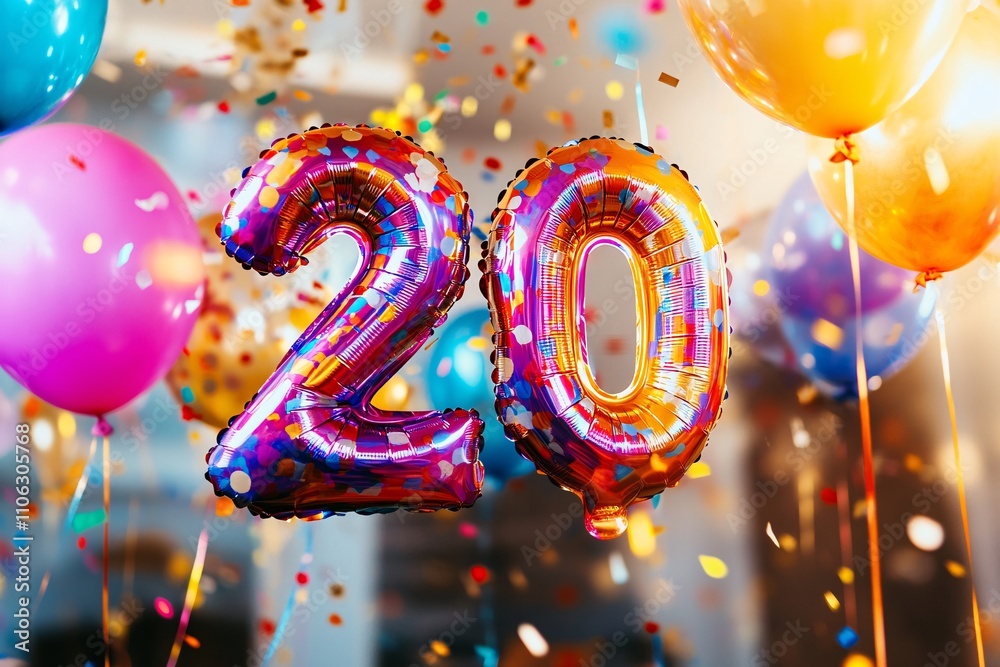 Helium balloon shaped as number 20, vibrant party scene with confetti ...