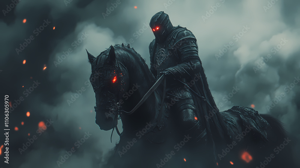 Otherworldly dark fantasy knight astride demonic steed glowing red eyes ...