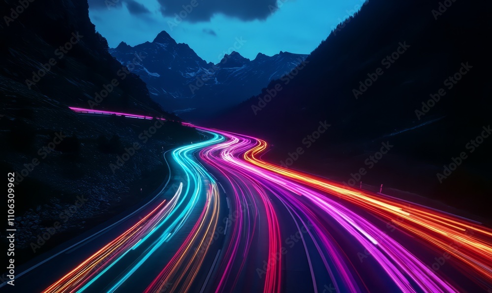 Ethereal long-exposure image of a road at night with vibrant ...