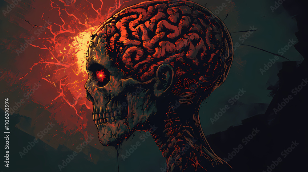 Mutated zombie brain with eldritch dark energy in graphic novel style ...