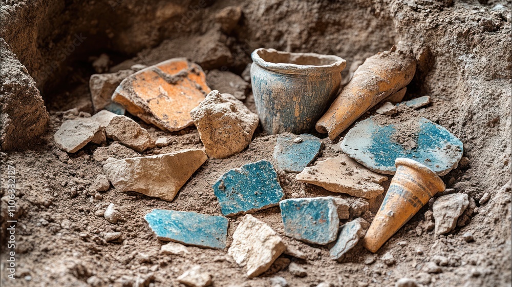 Unearthed ancient pottery shards and vessels in archaeological dig site ...
