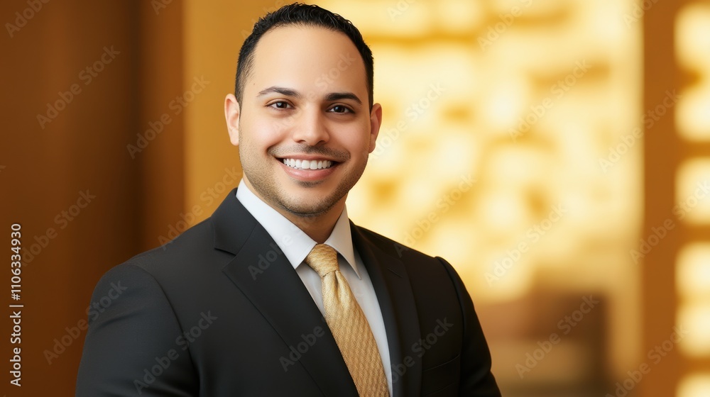 Confident young professional man in a sleek black suit and gold tie ...