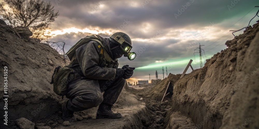 Soldier examines device in military trench during dusk with ...