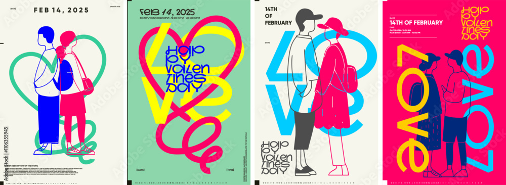 Minimalist Valentine's Day poster set featuring couples in line art and ...