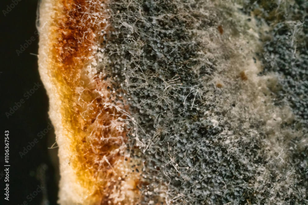 Penicillin and aspergillum mold on bread. Colonies of species of mold ...