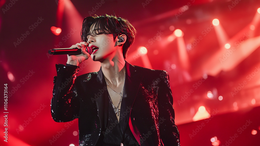 Asian young male singer performing on stage with red lighting and ...