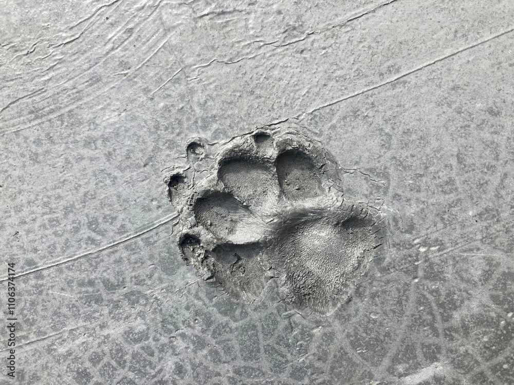 Foto de Stock huella de la pata de un perro sobre el cemento del suelo ...